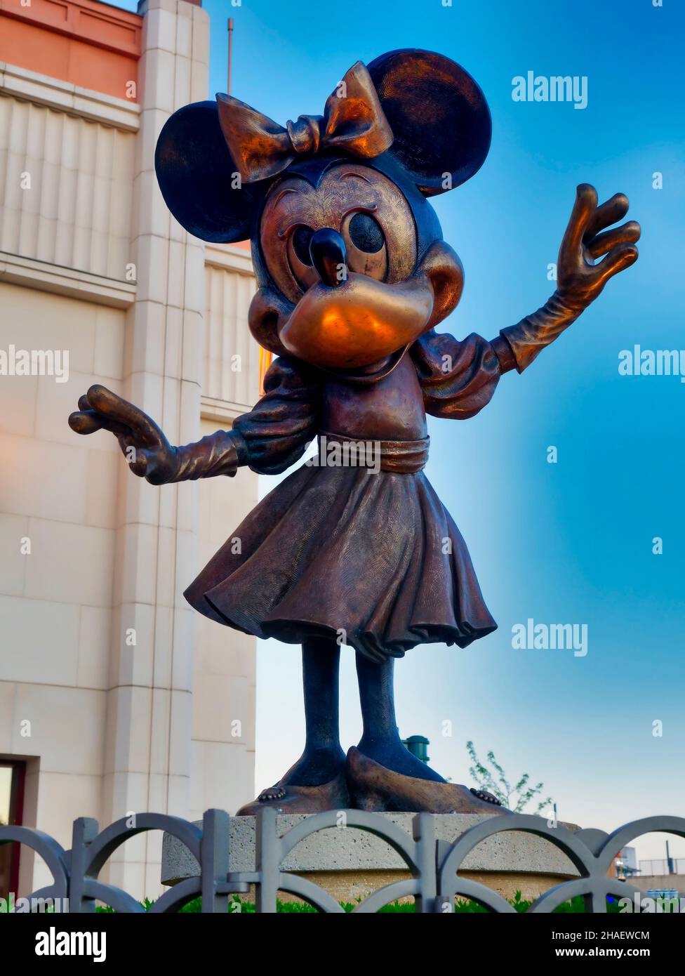 Paris, France - April 2019: Statue of minnie mouse against light blue ...