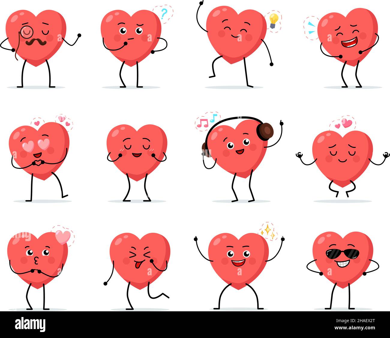 Cartoon heart character. Cute love symbols with faces different poses ...