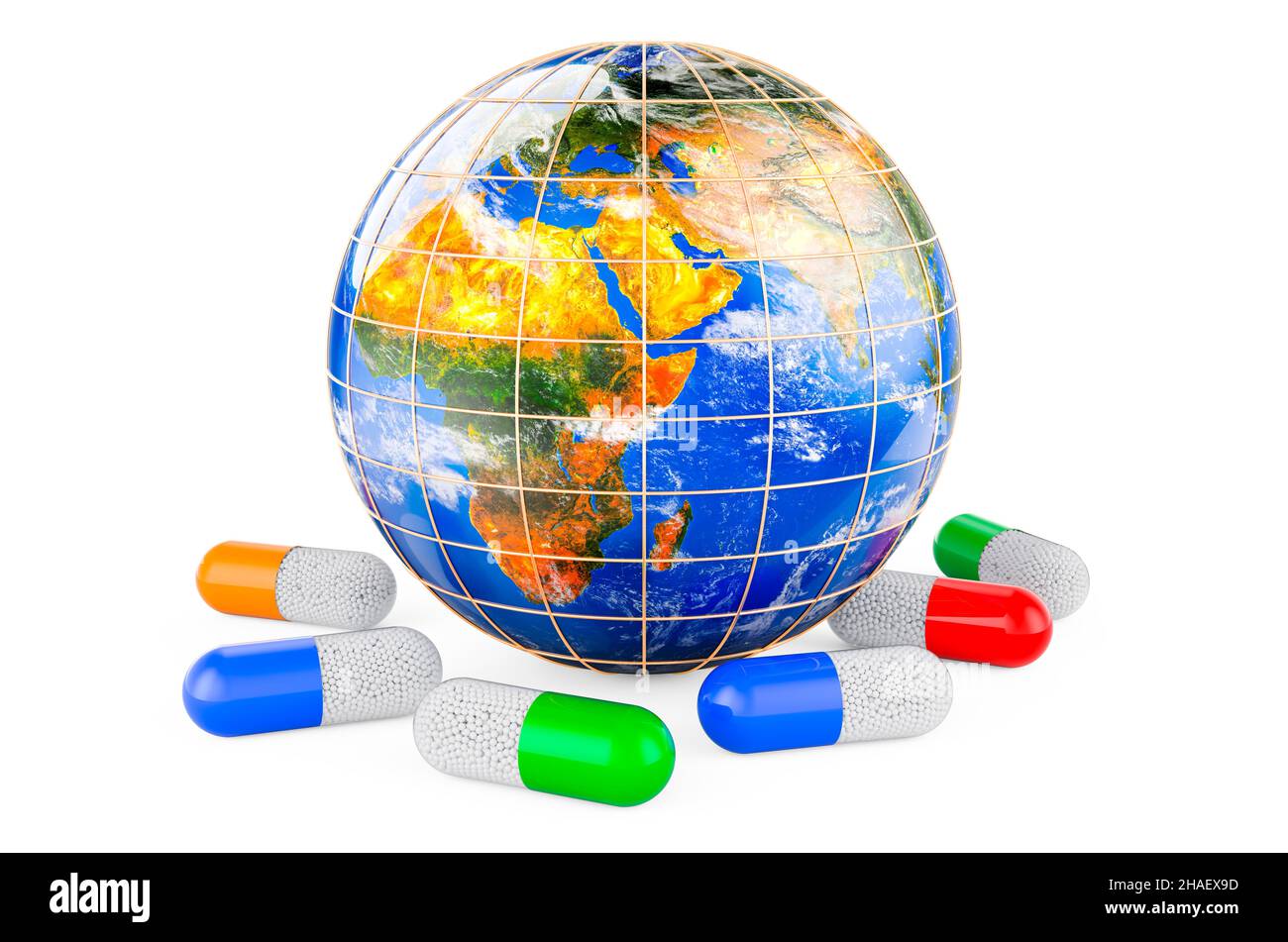 Earth Globe with pill capsules. 3D rendering isolated on white ...