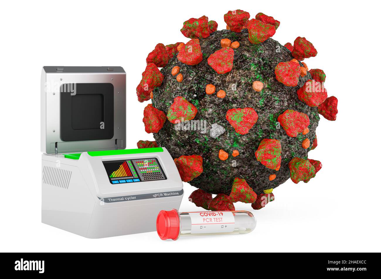PCR test for COVID-19 concept. PCR thermal cycler with virus. 3D ...