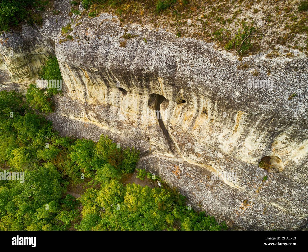 Drone top view Hankrumovski Rock-monastery (Shumen plateau, Bulgaria ...