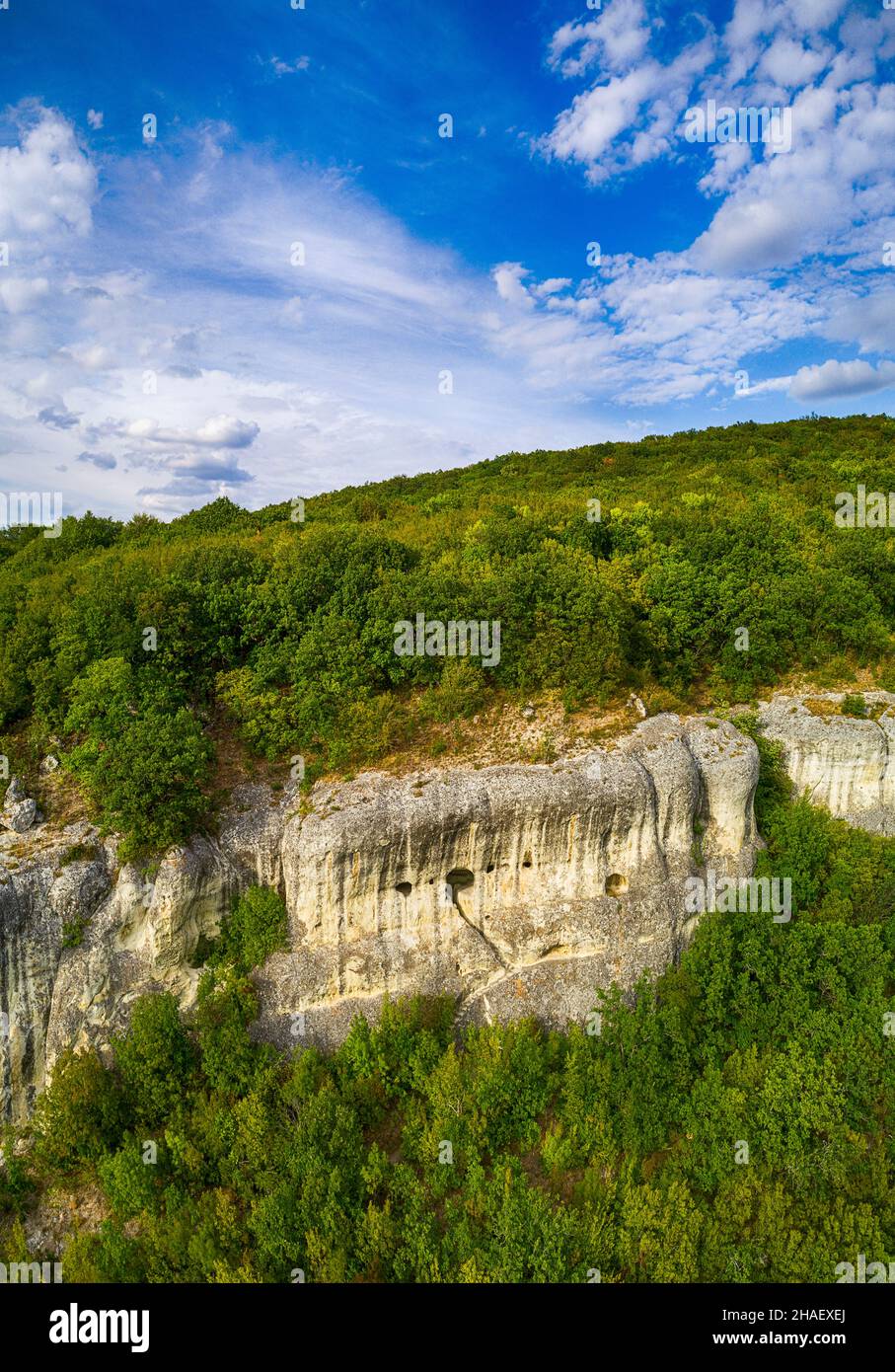 Drone top view Hankrumovski Rock-monastery (Shumen plateau, Bulgaria ...