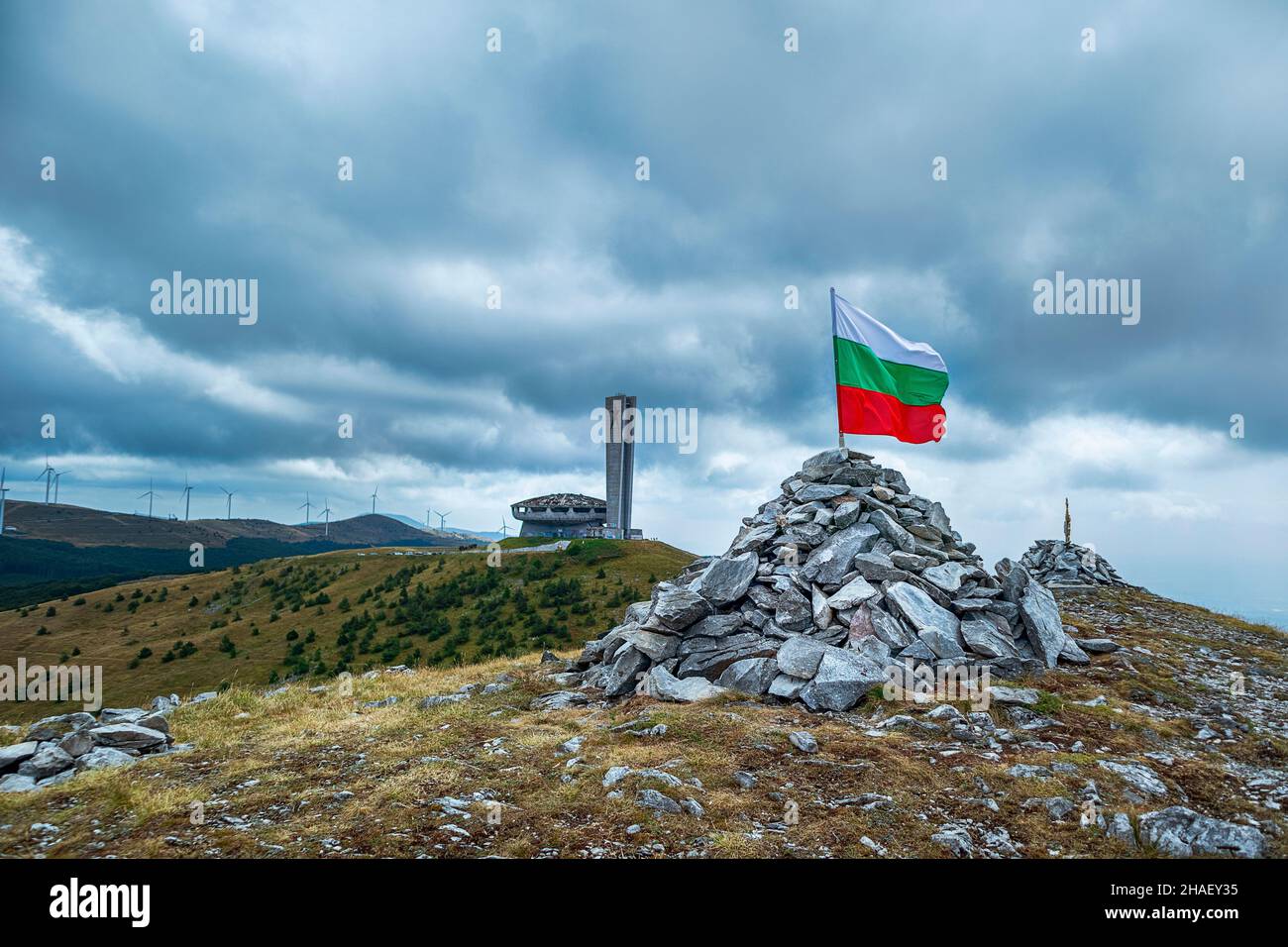 The Memorial House of the Bulgarian Communist Party sits on Buzludzha Peak. Abandoned communist ...