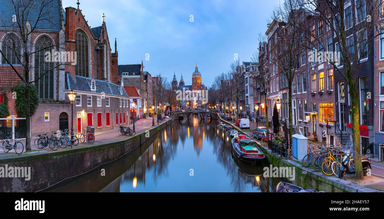 Panorama of canal in De Wallen, famous red-light district in the ...