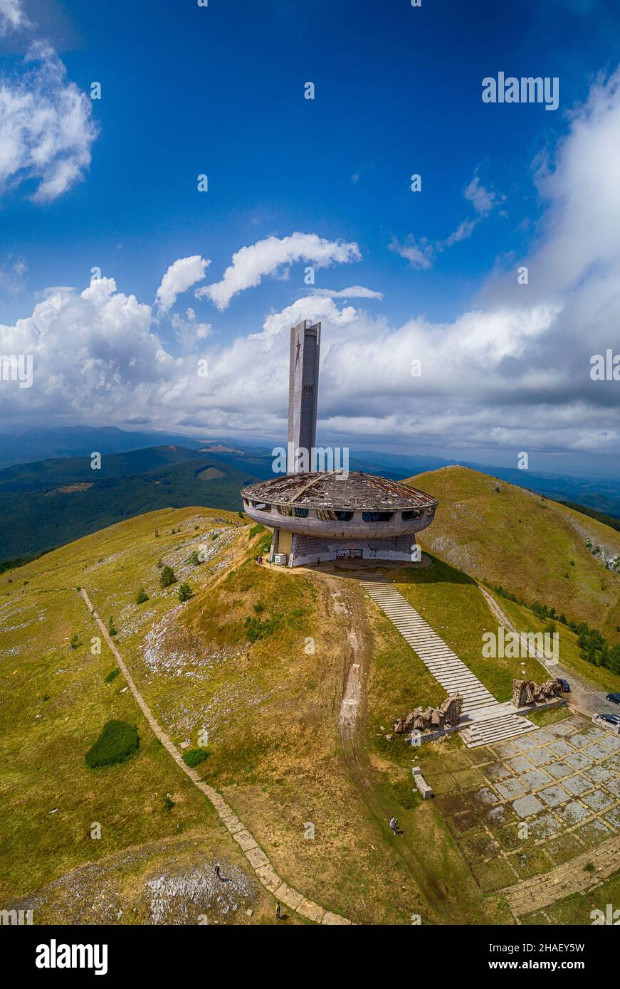 Drone top view Buzludzha - abandoned communist building in the Balkan ...