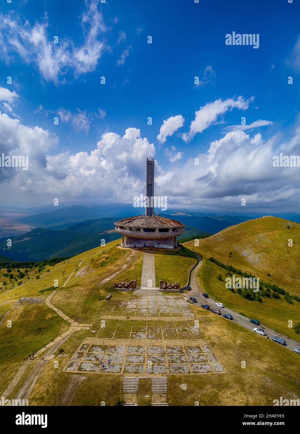 Drone top view Buzludzha - abandoned communist building in the Balkan ...