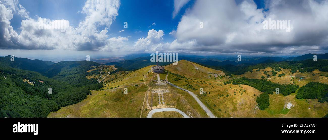 Drone top view Buzludzha - abandoned communist building in the Balkan ...