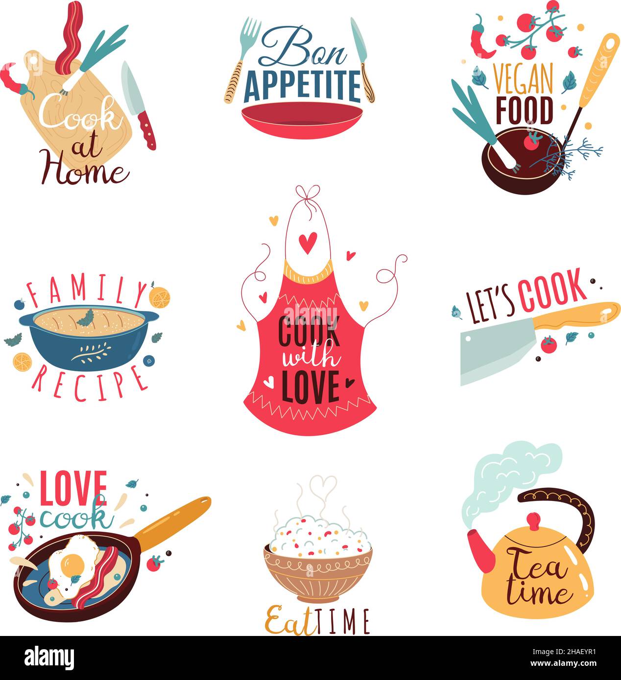 Cooking labels. Kitchen culinary design stickers with inscription text ...