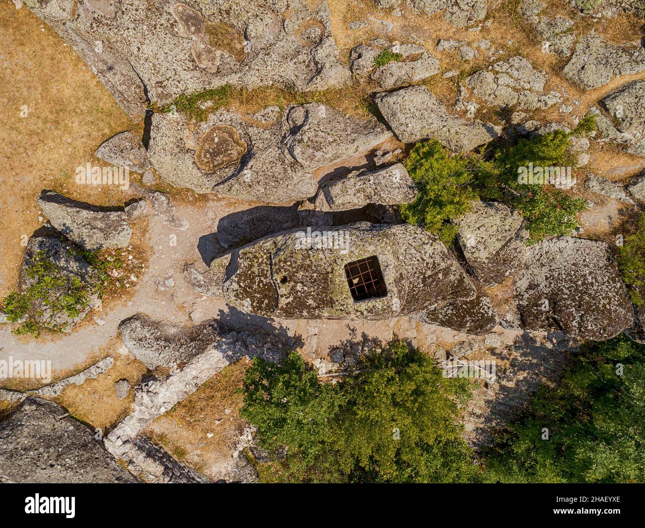 Drone top view Thracian sanctuary, located near Tatul, Bulgaria, Carved ...