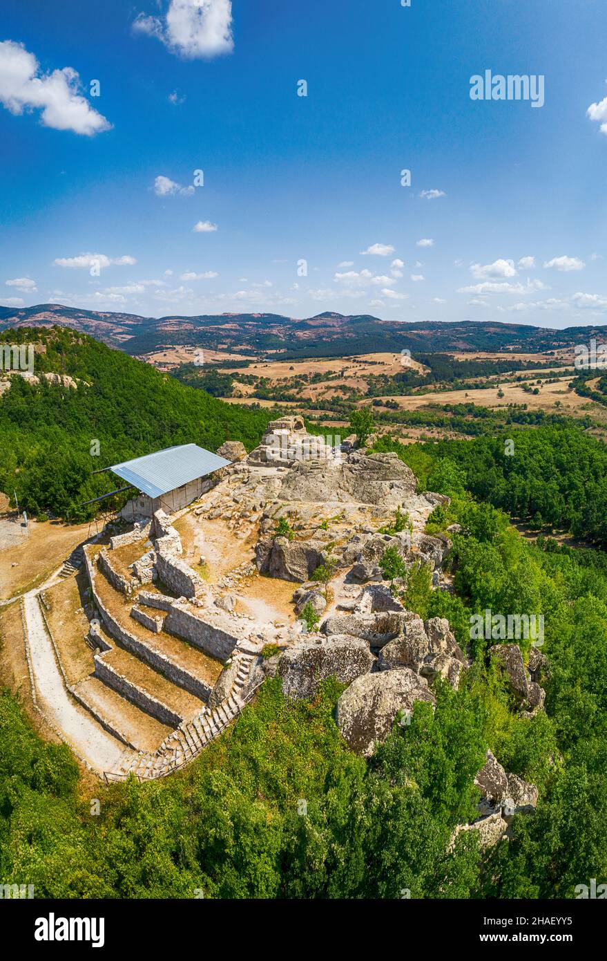 Drone top view Thracian sanctuary, located near Tatul, Bulgaria, Carved ...
