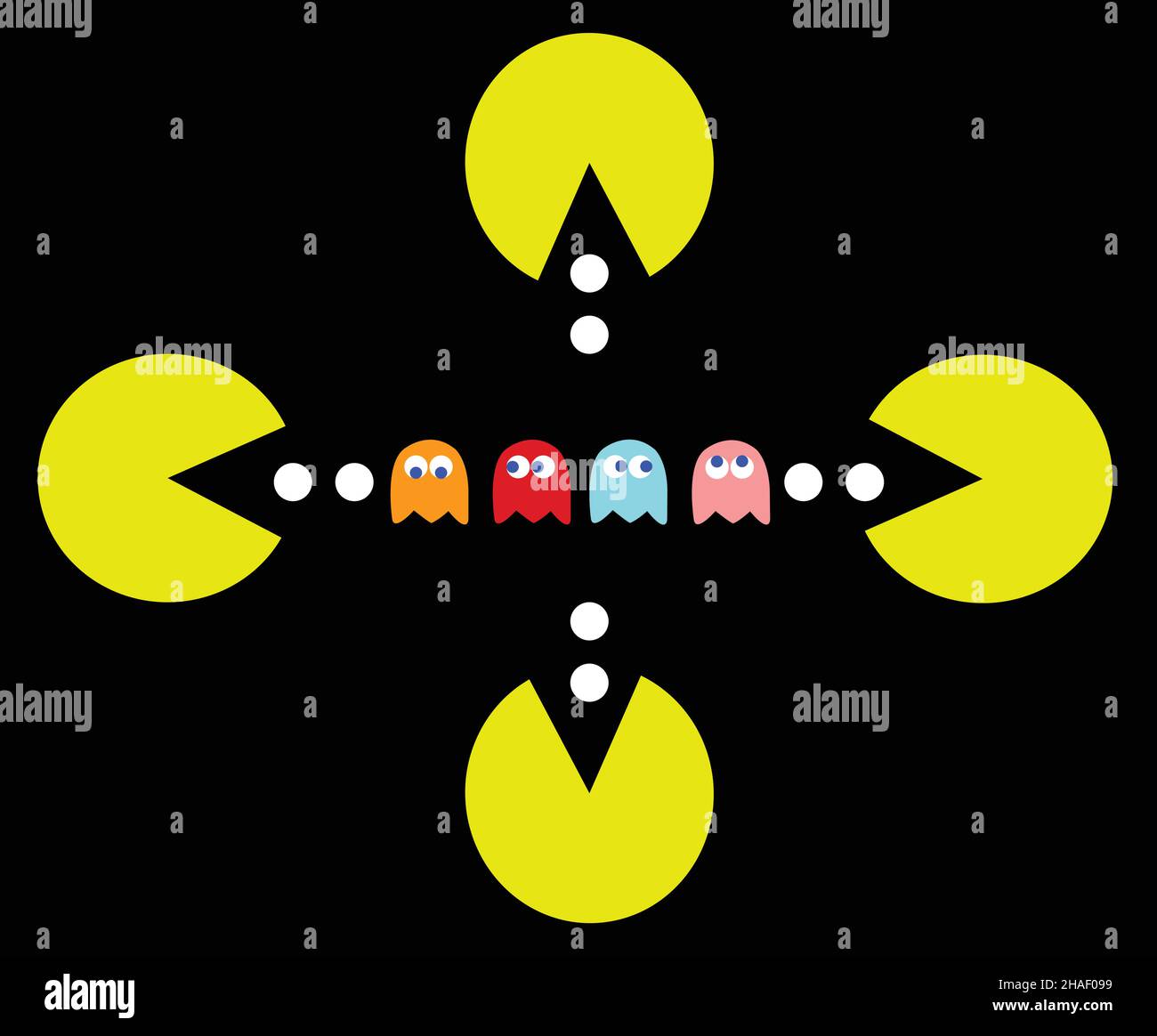 Pac-Man surrounds his enemies. Retro game theme vector illustration ...