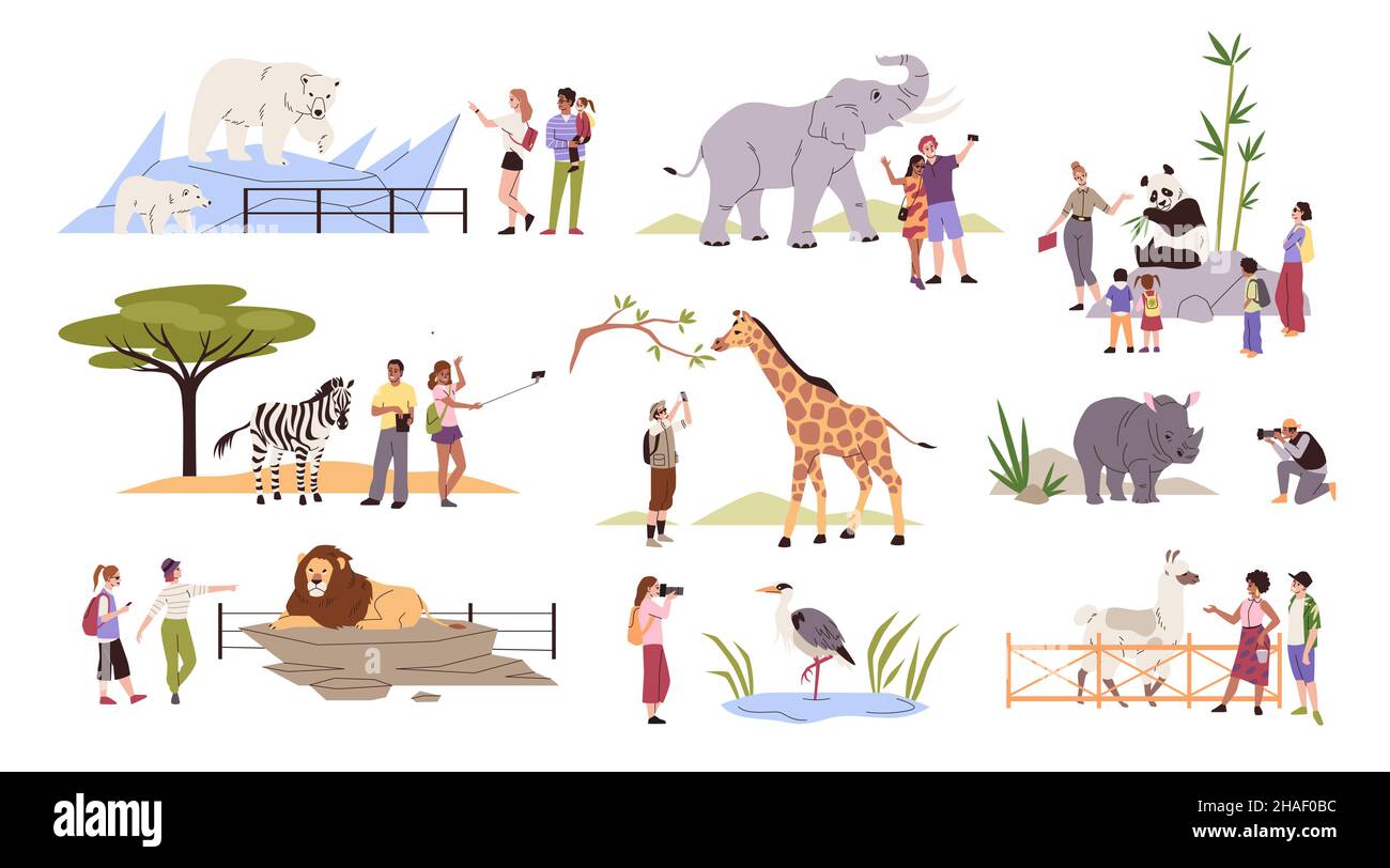 Zoo visitors. Wild exotic animals in aviaries, behind fences, people ...