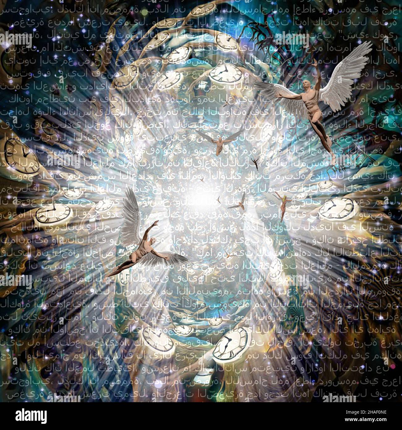 Shining aura and rays of light. Winged clocks represents flow of time ...