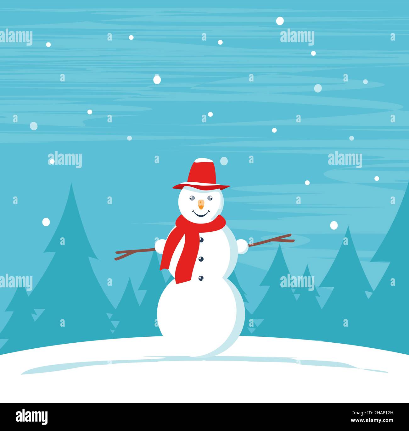 Cartoon cute snowman in a cap and scarf on snowy christmas winter ...