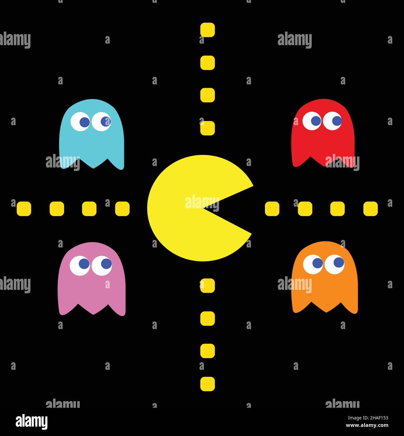 Pac-Man with his enemies game theme vector illustration. Retro computer ...