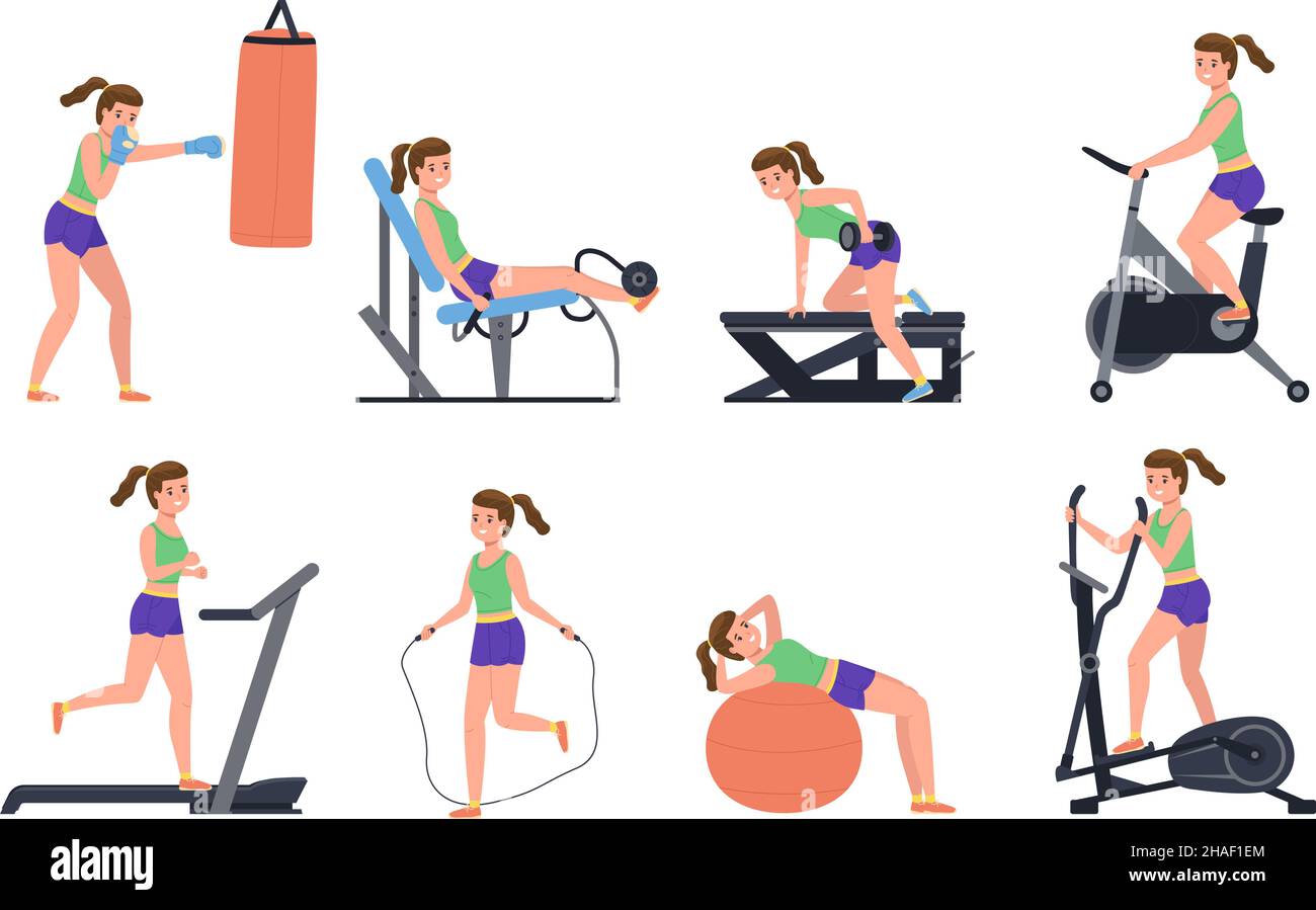 Woman at sport gym. Athletic girl works out on different simulators ...