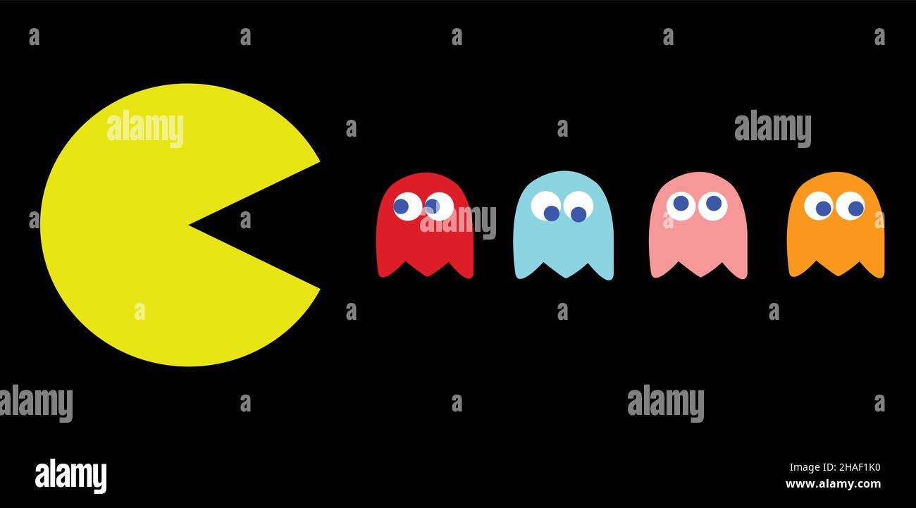 Pac-Man vector illustration. Retro computer game with Pac-Man, Pinky ...