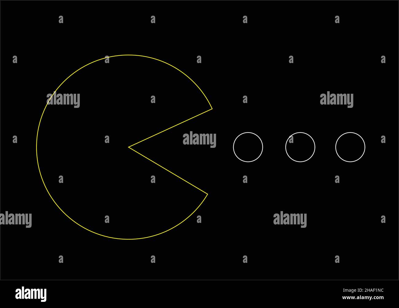 Pac-Man vintage game outline vector shapes isolated over black ...
