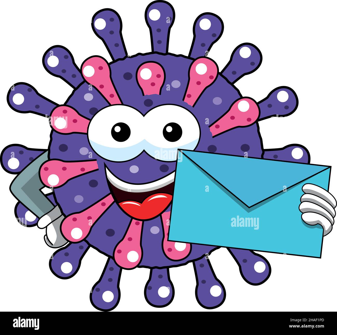 Carton mascot character virus or bacterium holding envelope with ...