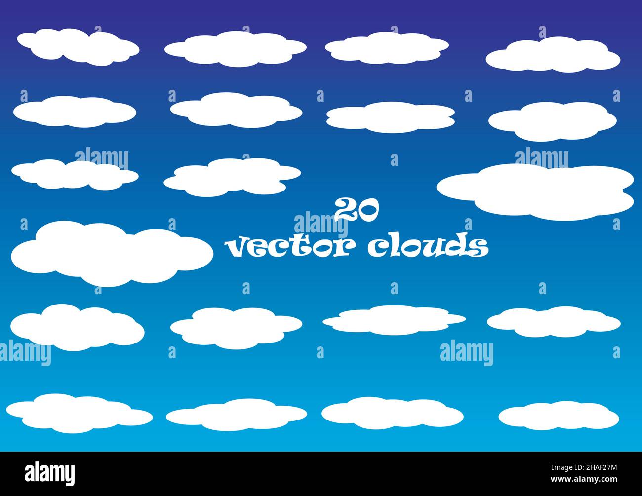 Flat cloud vector icons isolated over blue sky background, white fluffy ...