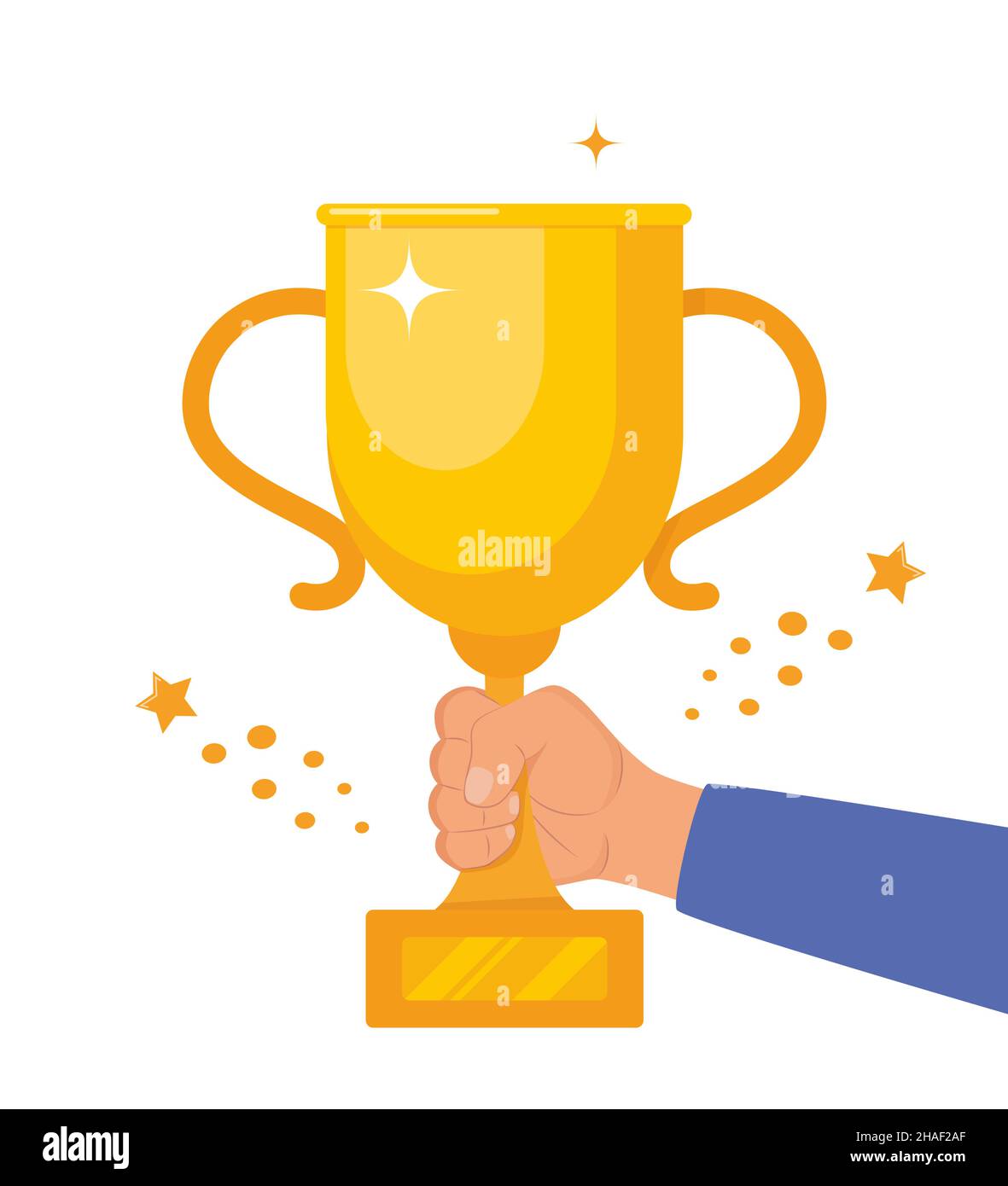 Human hand holding golden winner cup trophy. Competition success ...
