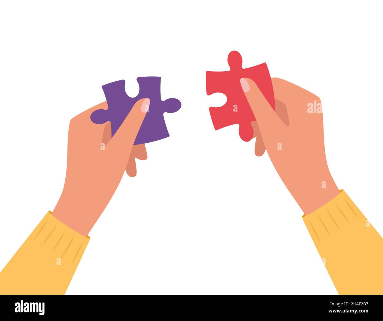 Hands assembling puzzle pieces together. Vector illustration Stock ...