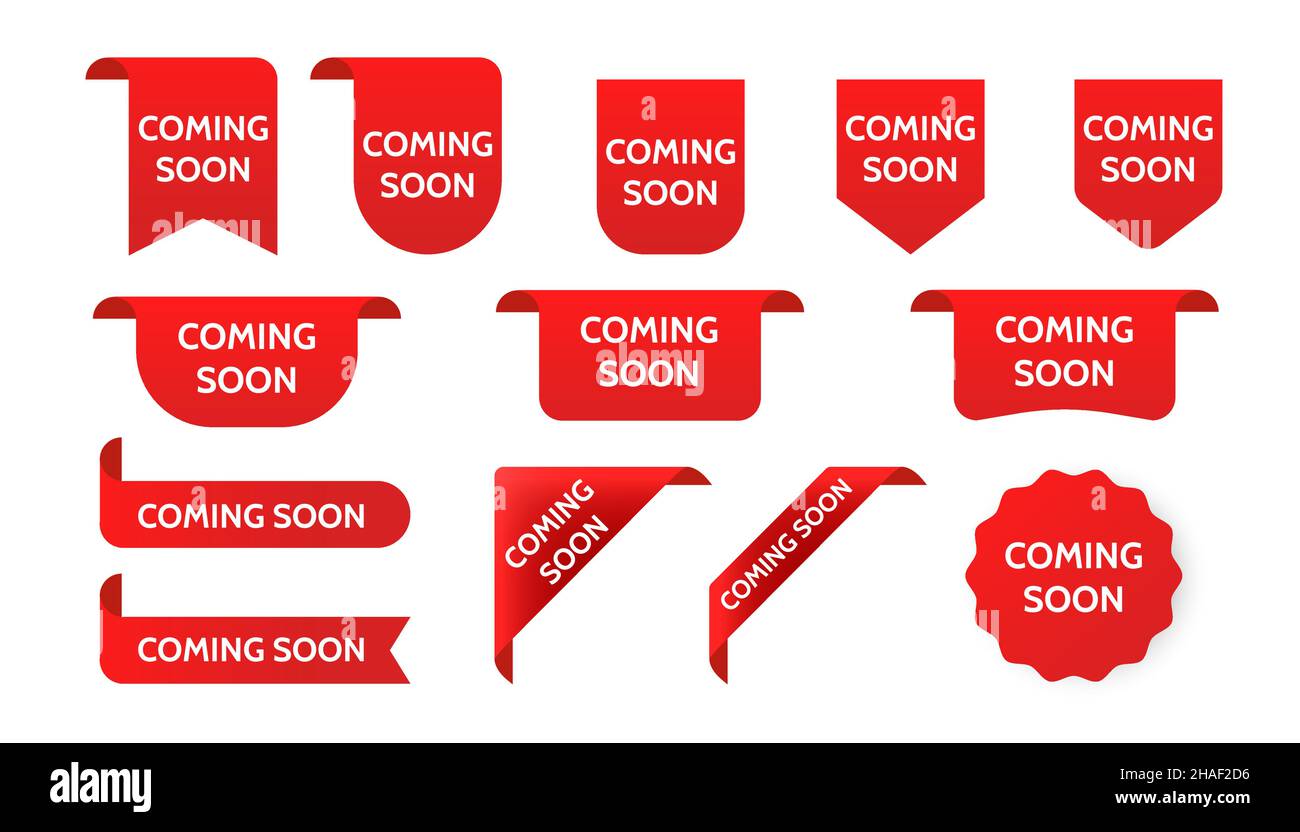 Coming soon promo labels. Red ribbons. Vector bage and banners Stock ...
