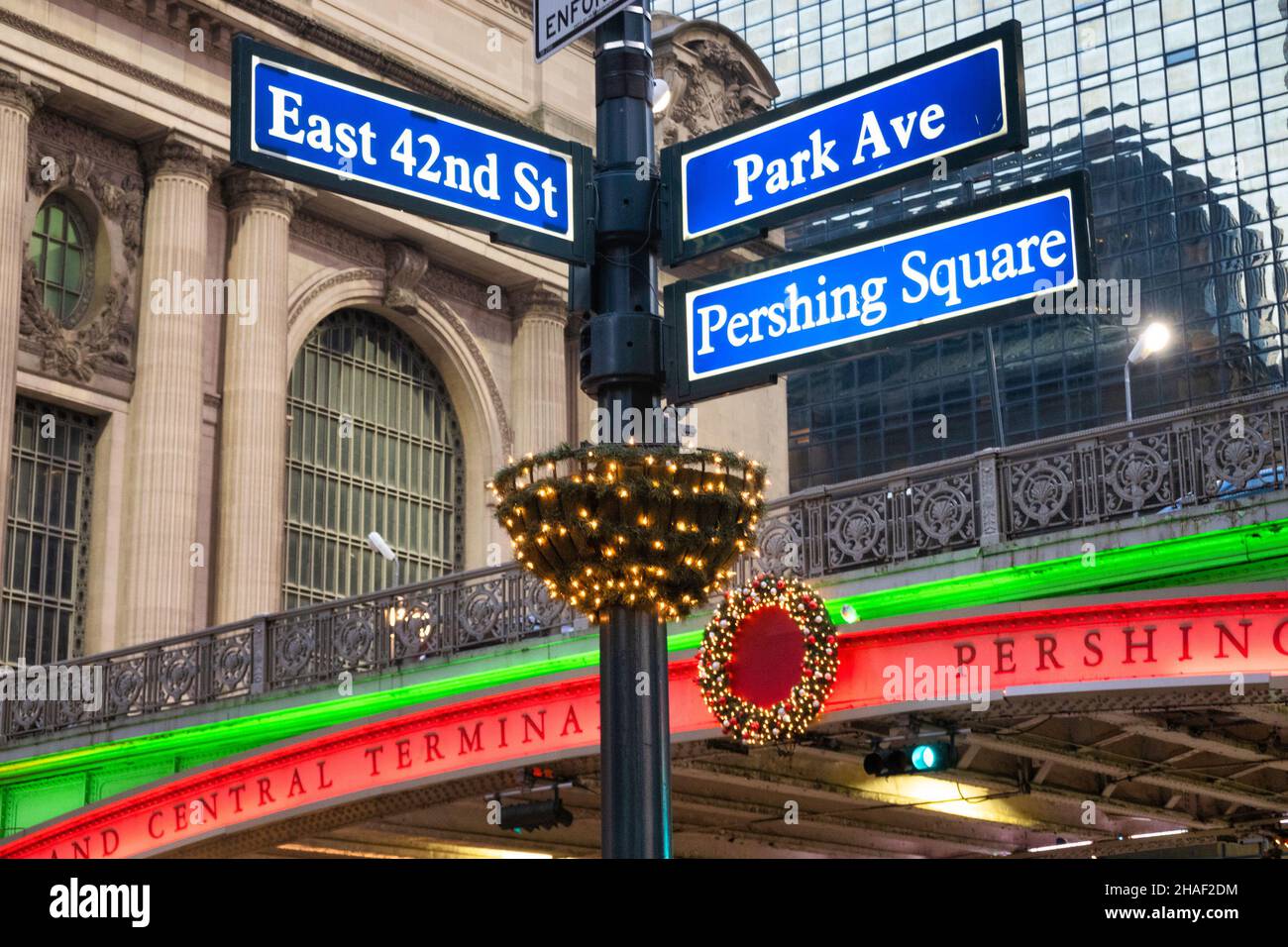 Street Signs and Holiday Lights at Grand Central Terminal and Pershing ...