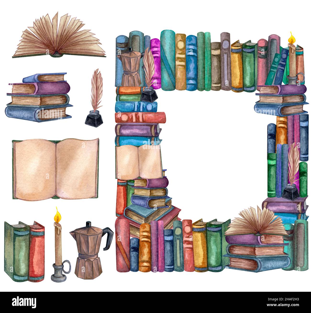 School books frame, education art library, bookshelve, watercolor hand ...