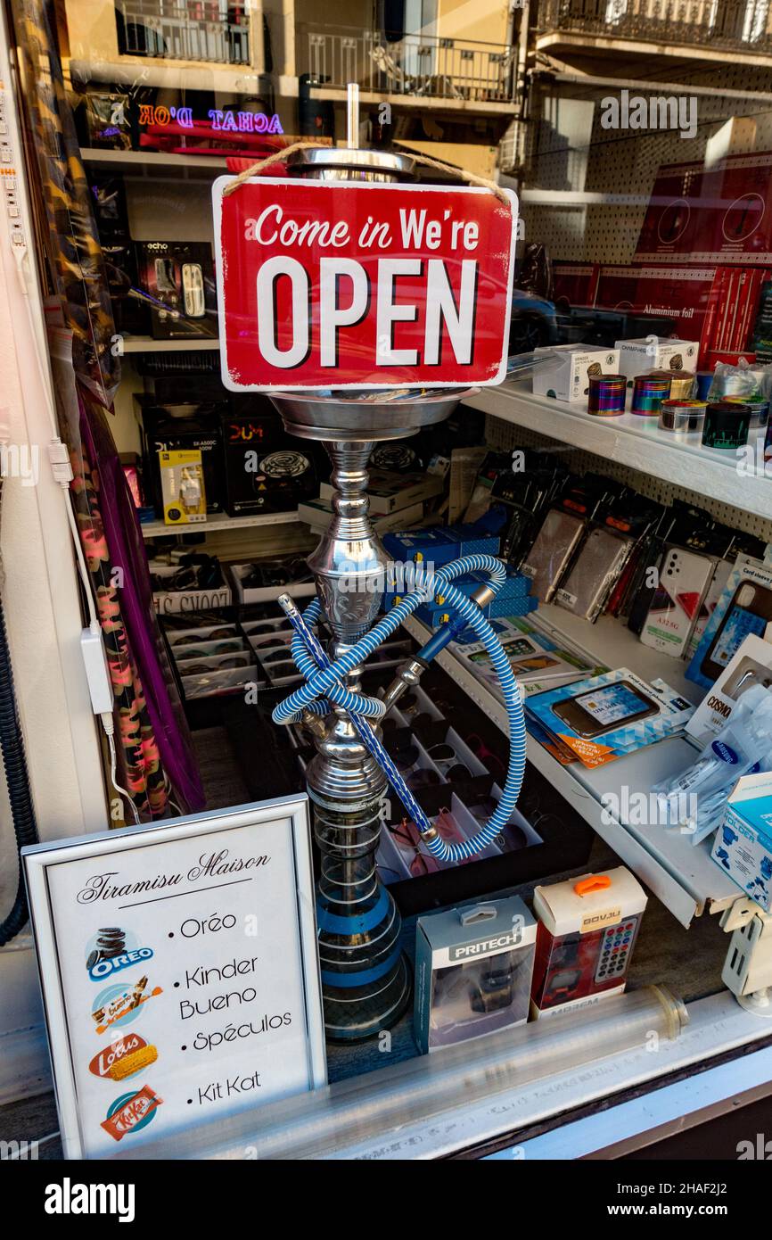 shisha pipe,smoking paraphernalia, in shop window in Beziers, France ...