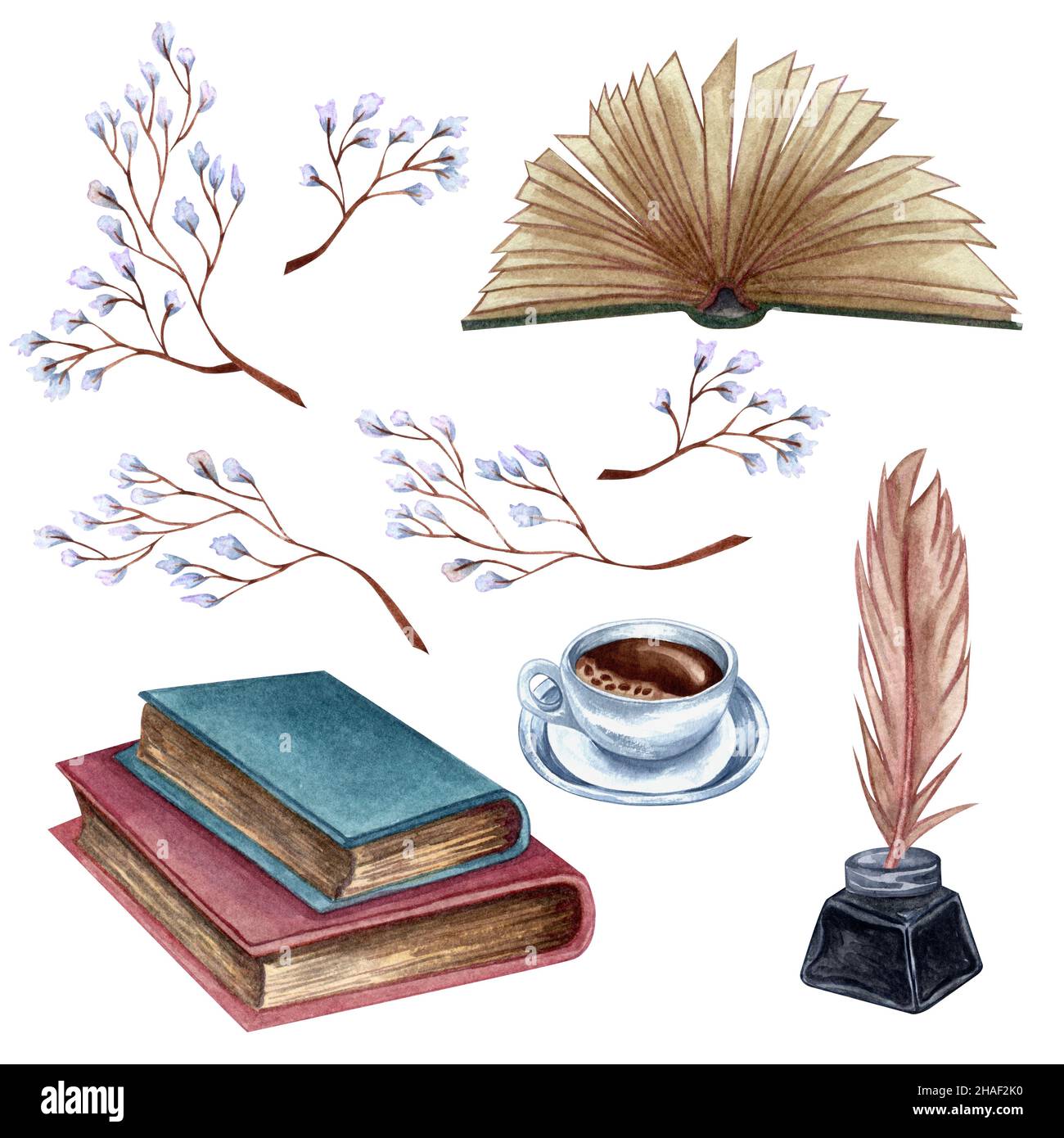 Hand Drawn watercolor illustration a pile of old books with ink bottle ...