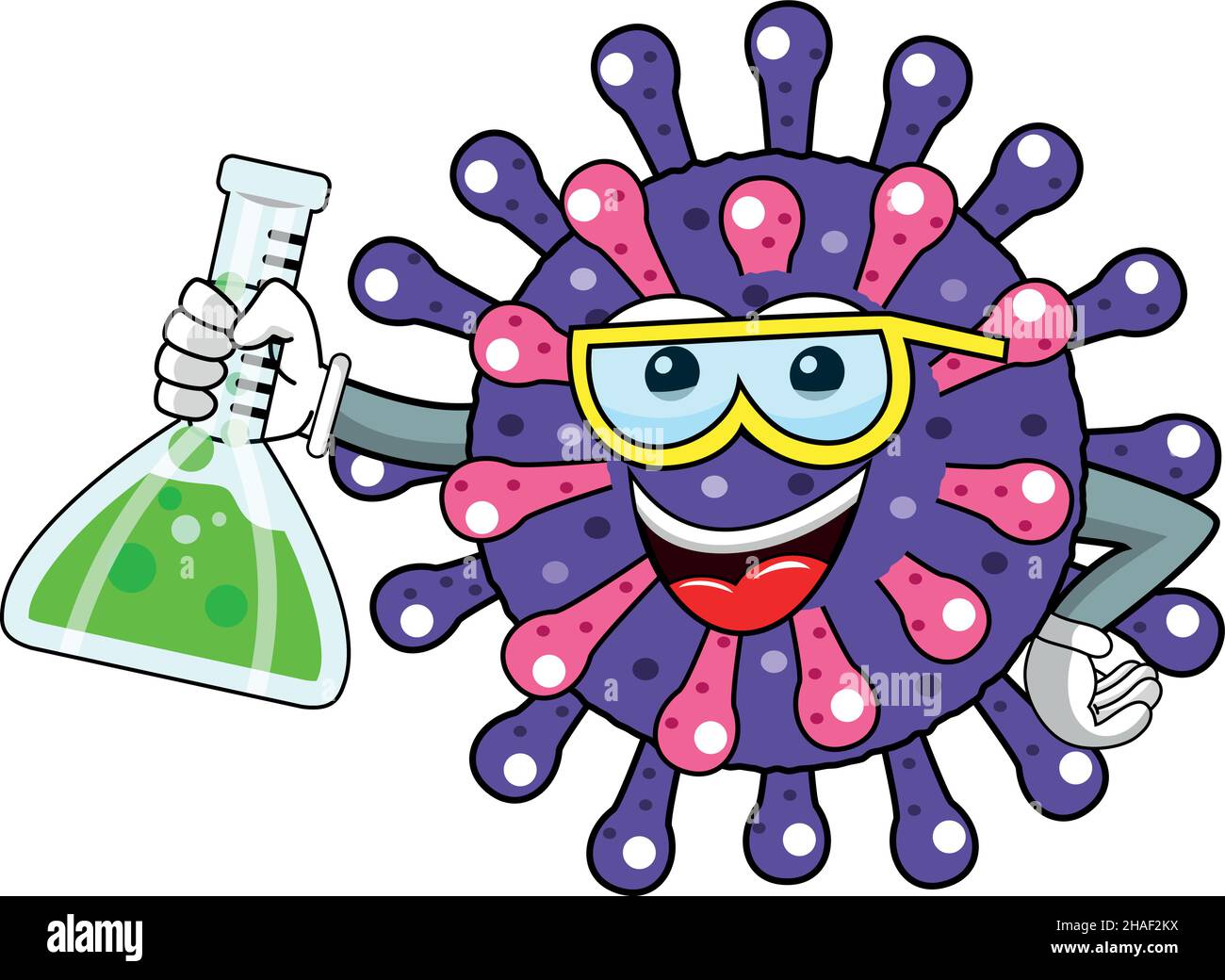 Carton mascot character virus or bacterium performing chemestry ...
