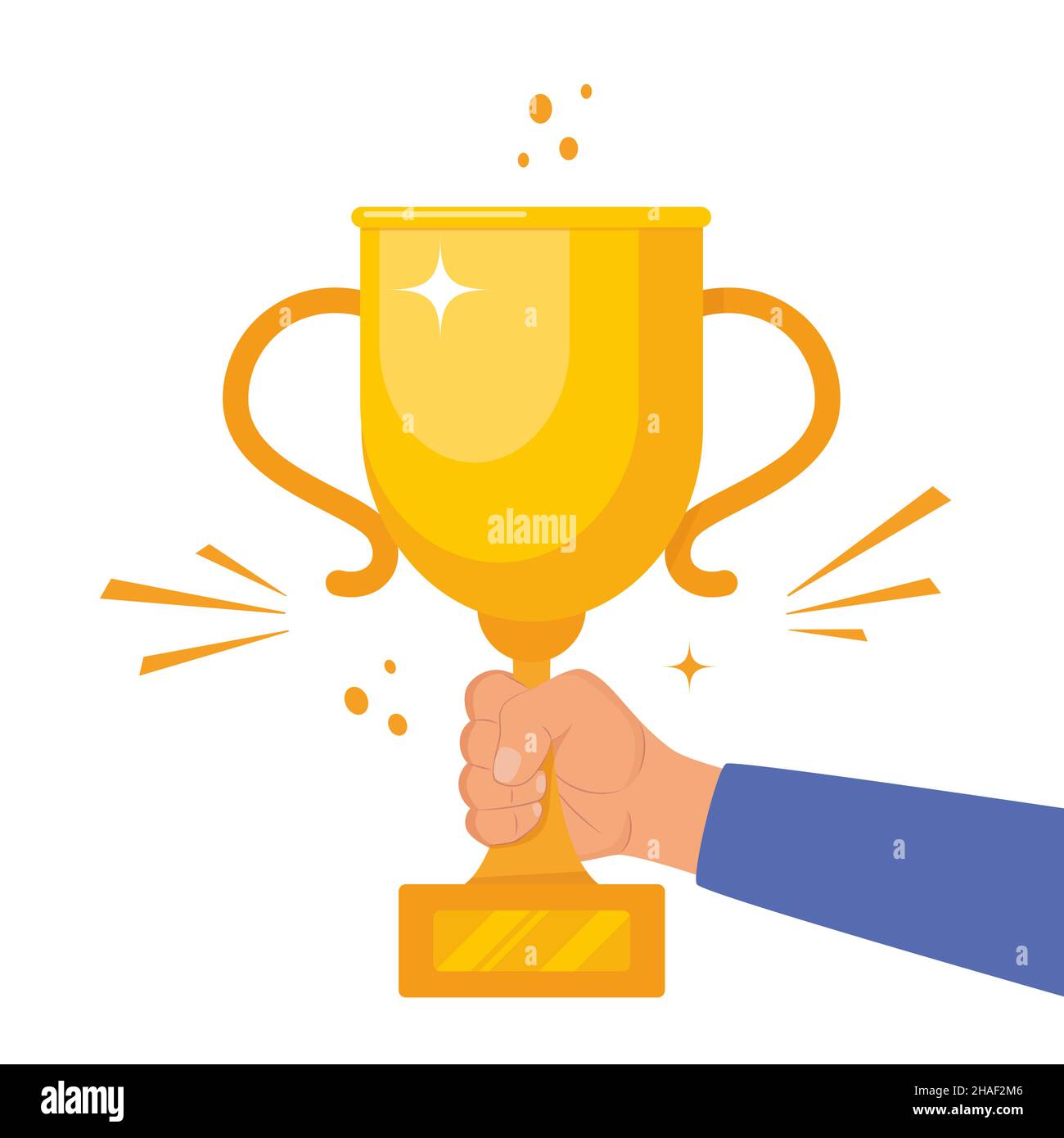 Human hand holding golden winner cup trophy. Competition success ...