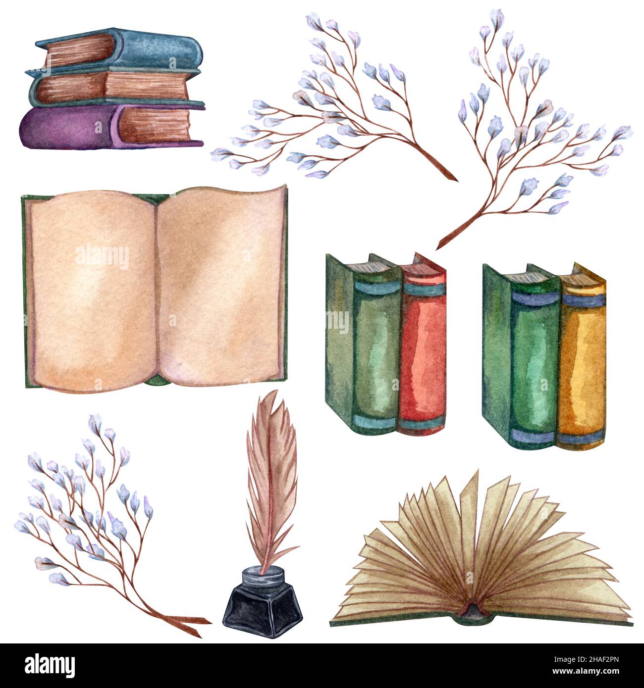 Hand Drawn watercolor illustration. Set with a pile of old books, ink ...