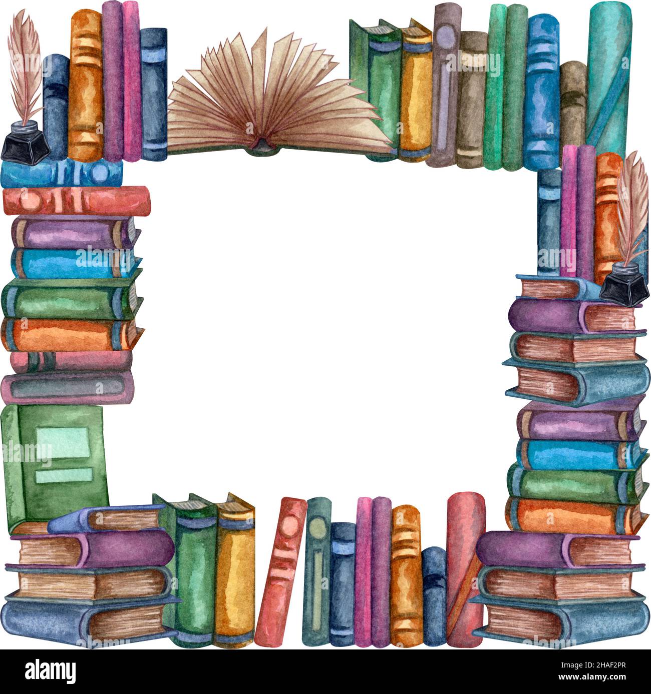 School books frame, education art library, bookshelves watercolor hand ...
