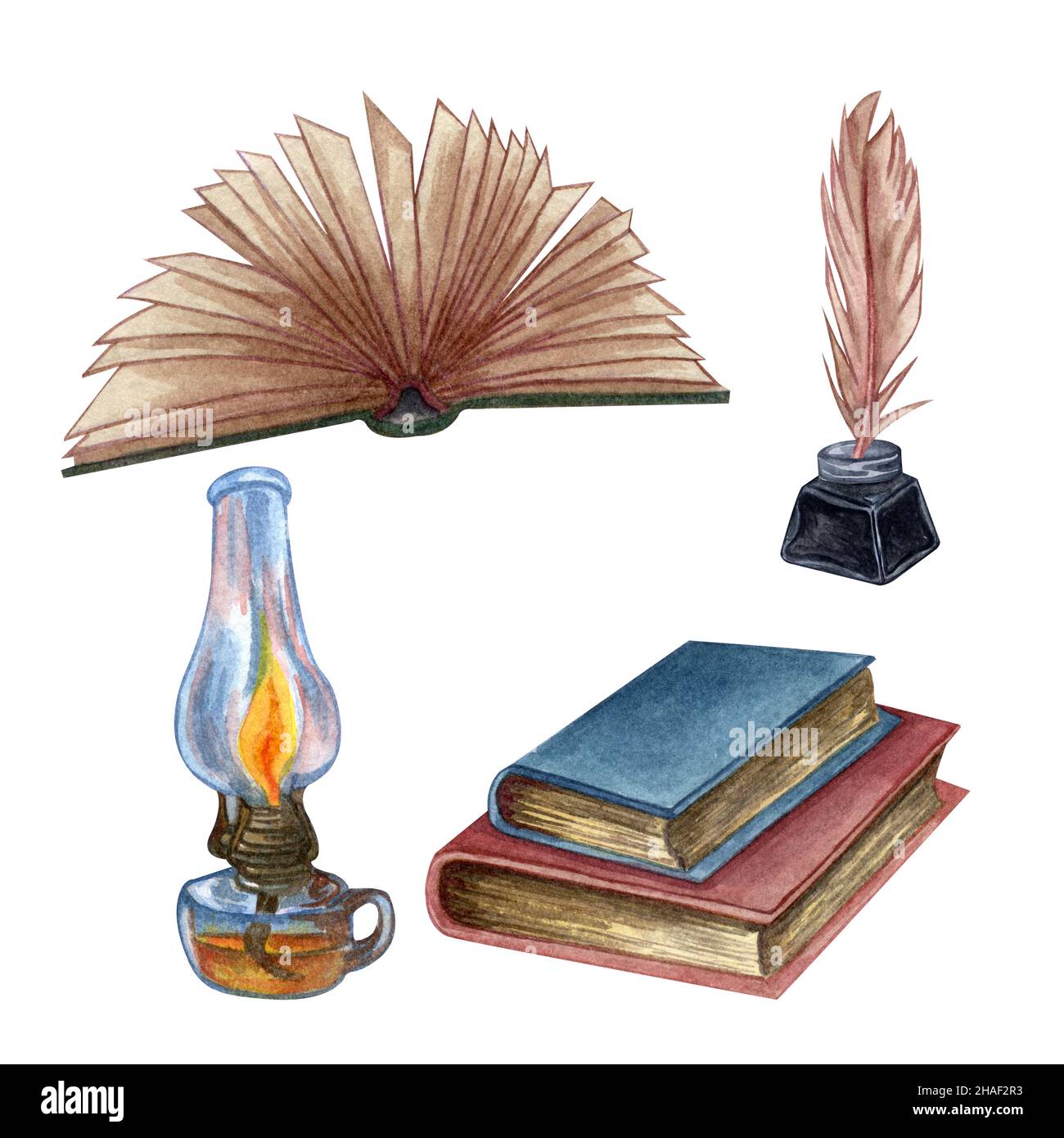 Hand Drawn watercolor illustration. A pile of old books, ink bottle ...