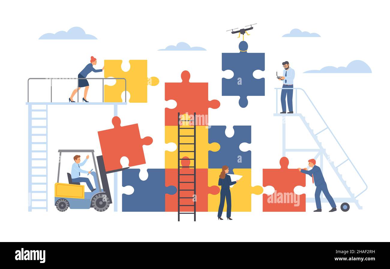Teamwork process. Office people assemble big puzzle together, effective ...