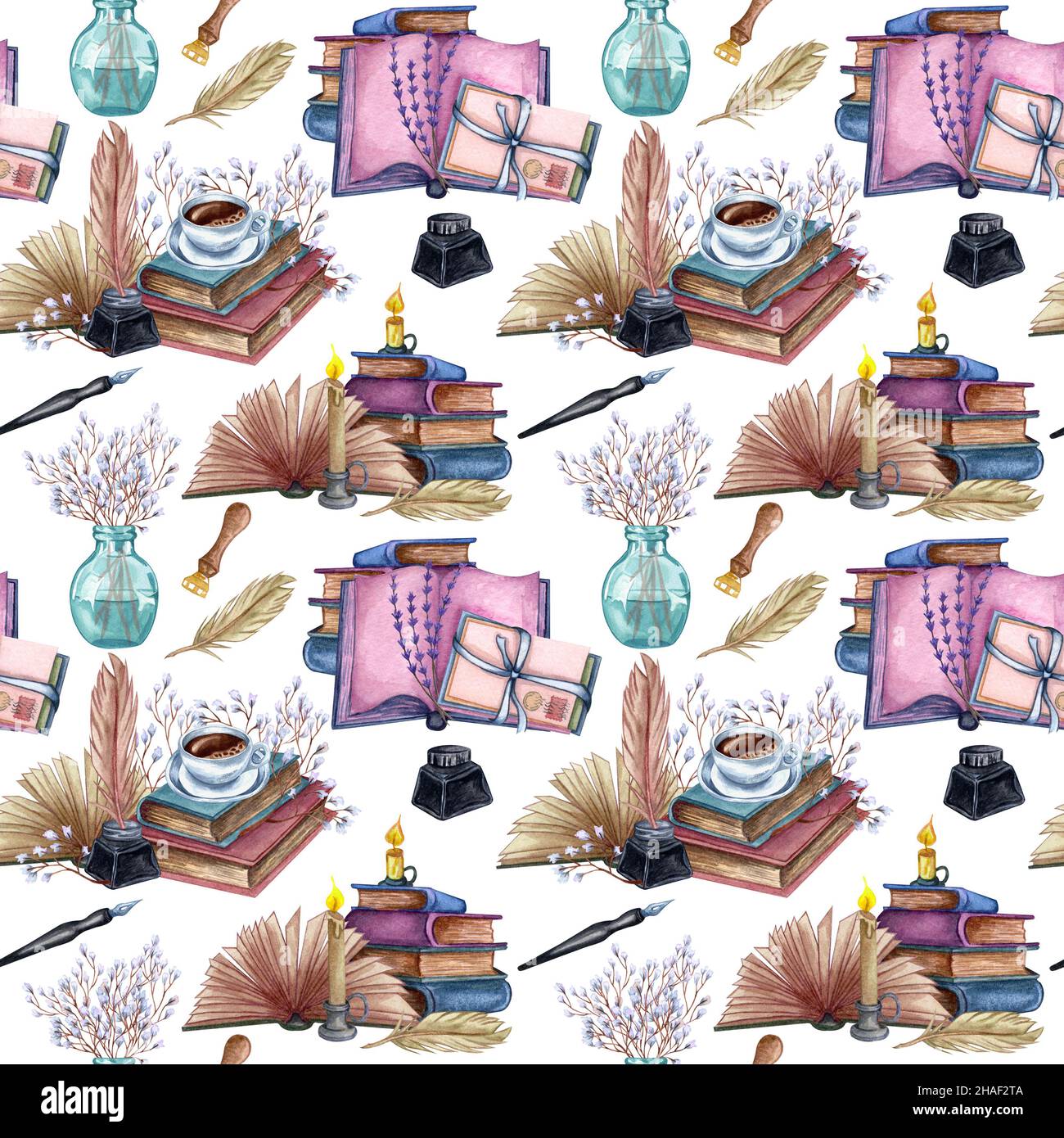 Seamless pattern with antique objects. Old and rare books together with ...