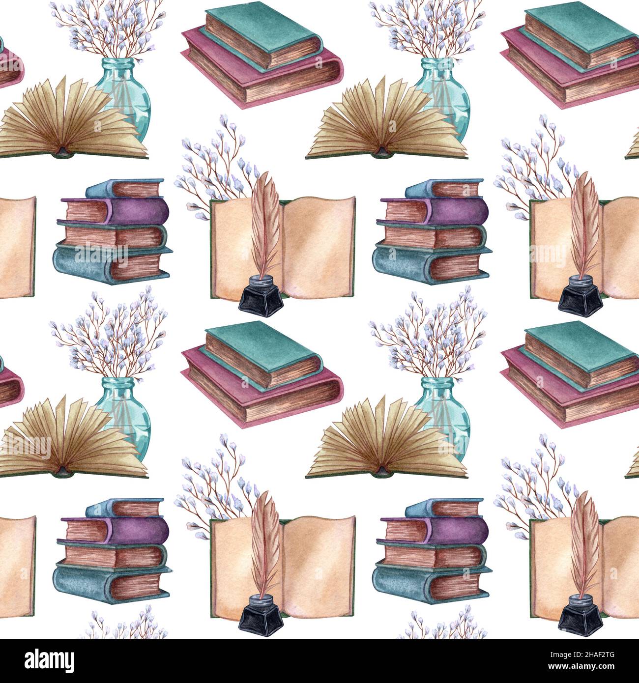 Seamless pattern with antique objects. Old and rare books together with ...