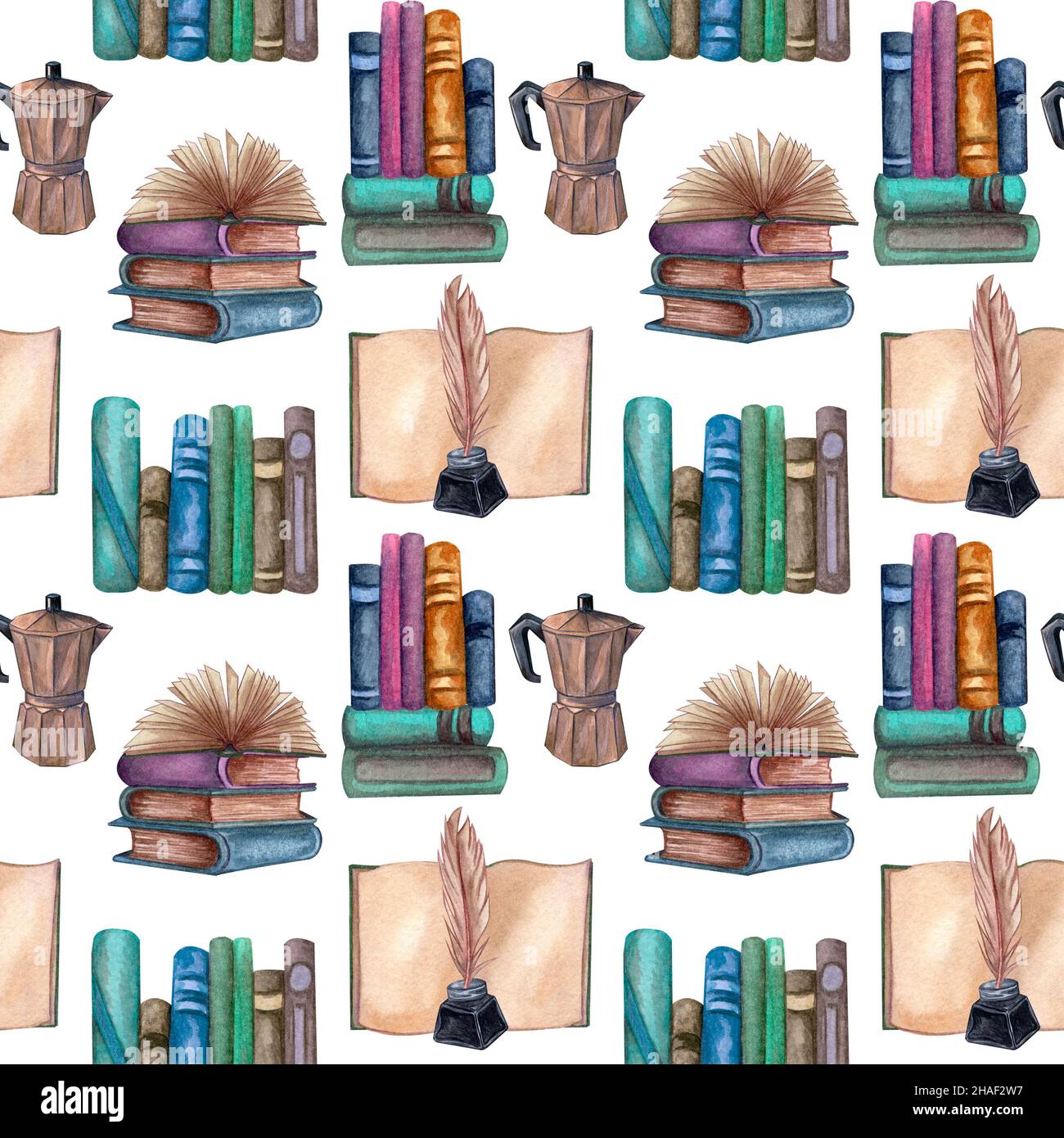 Seamless pattern with antique objects. Old and rare books together with ...