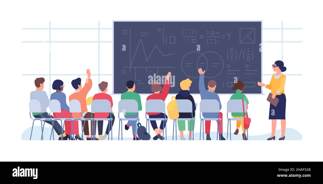 Students characters at lecture. Back view listeners in auditorium ...