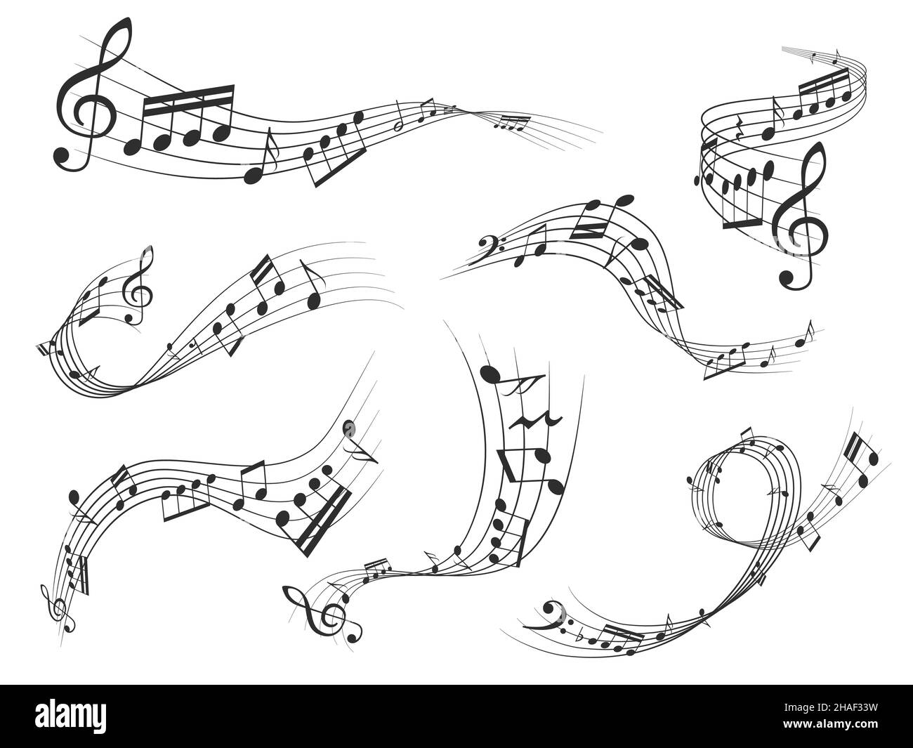 Music notes bearer flows. Wavy note key compositions. Melody scale dark ...