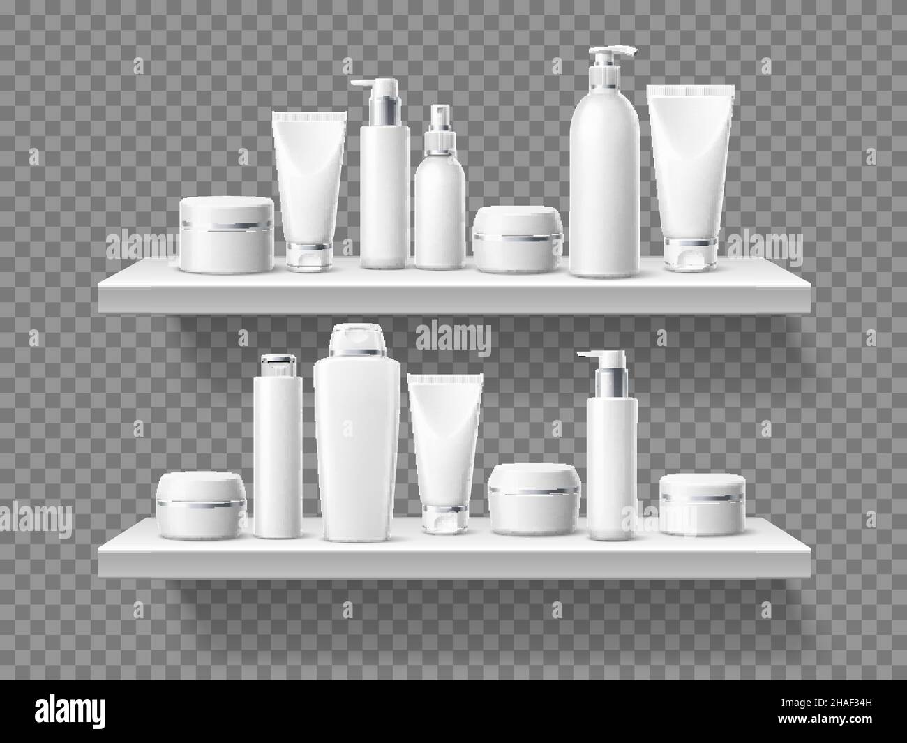 Shelf with creams. Realistic skin care cosmetic packaging. Beauty and ...
