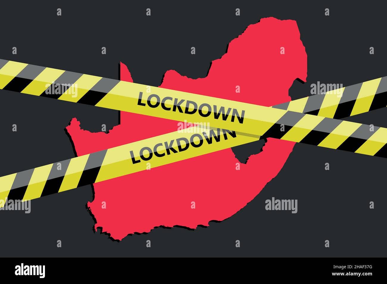 lockdown tape over South Africa silhouette. Coronavirus threat. Concept ...