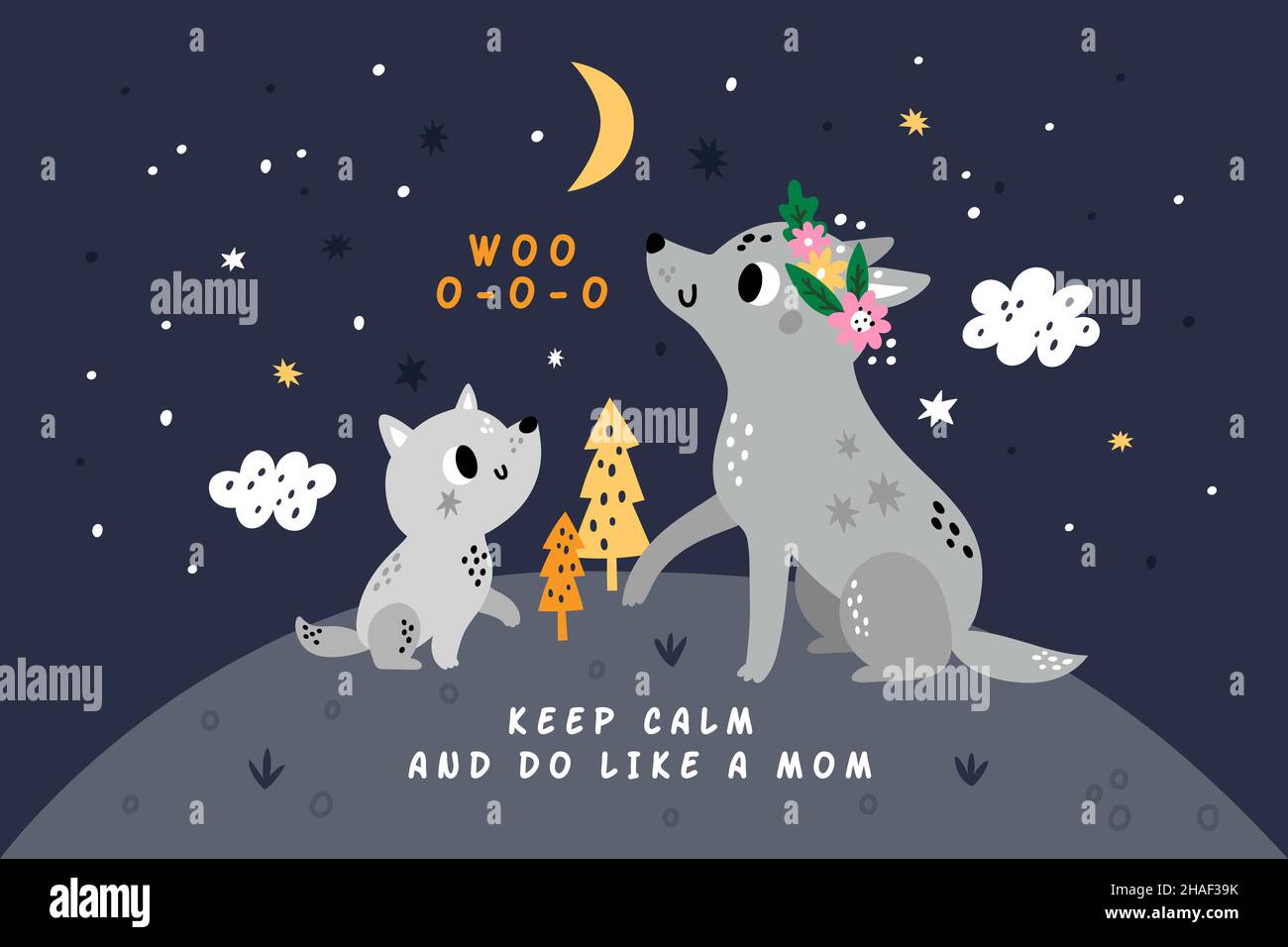 Mom and baby animals card. Cute wolfs family. Mother and cub. Wildlife ...