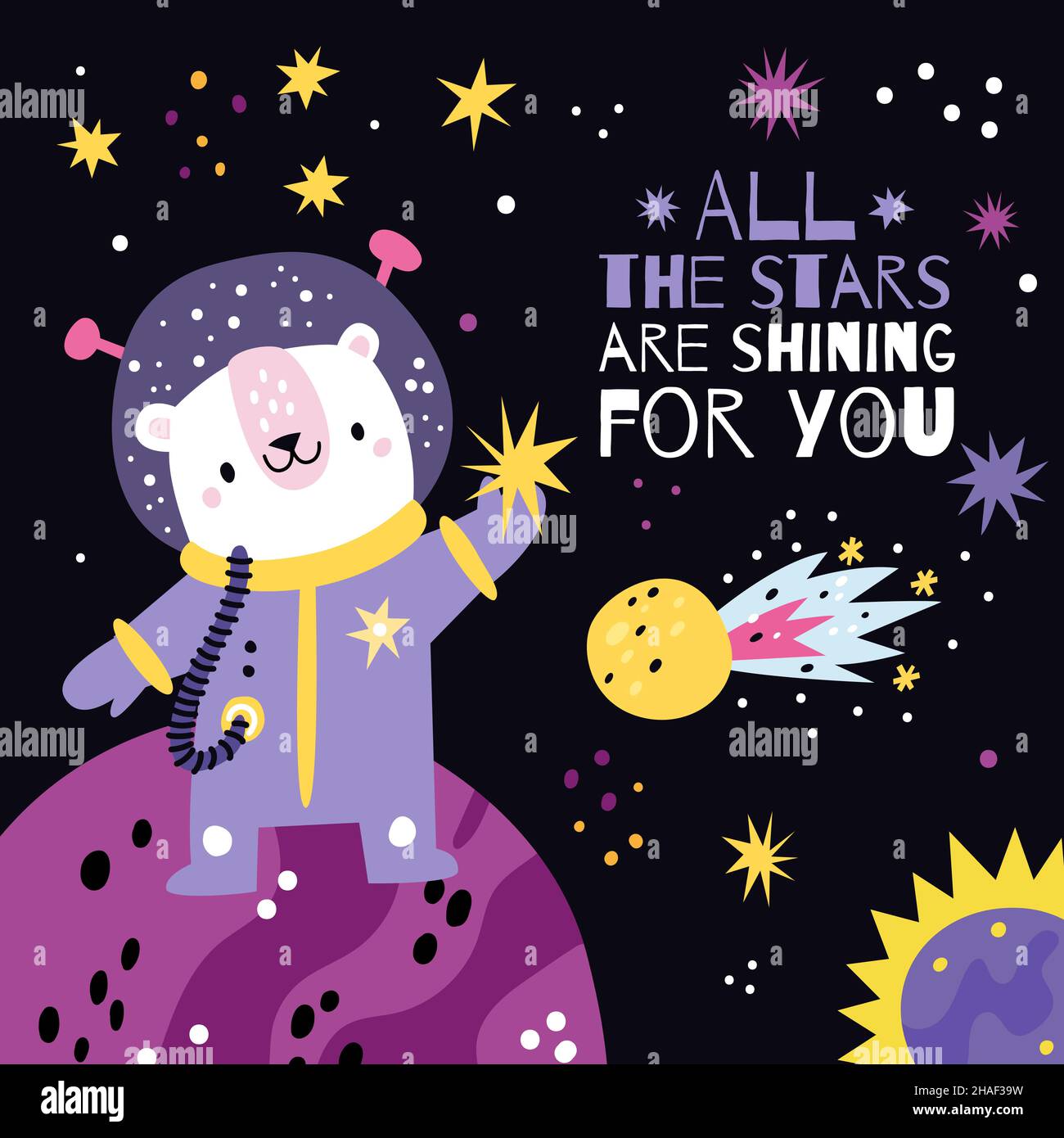 Cute space animals quote poster. Funny bear in cosmos suit standing on ...