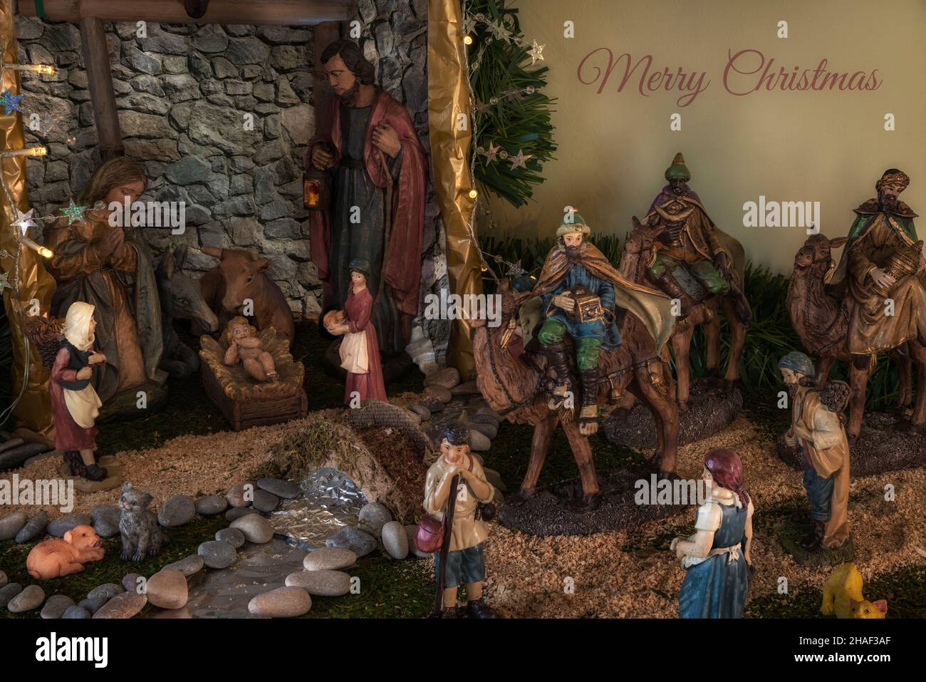 Portal of Belen and Wise Men on camel, Nativity of Jesus. With the text ...