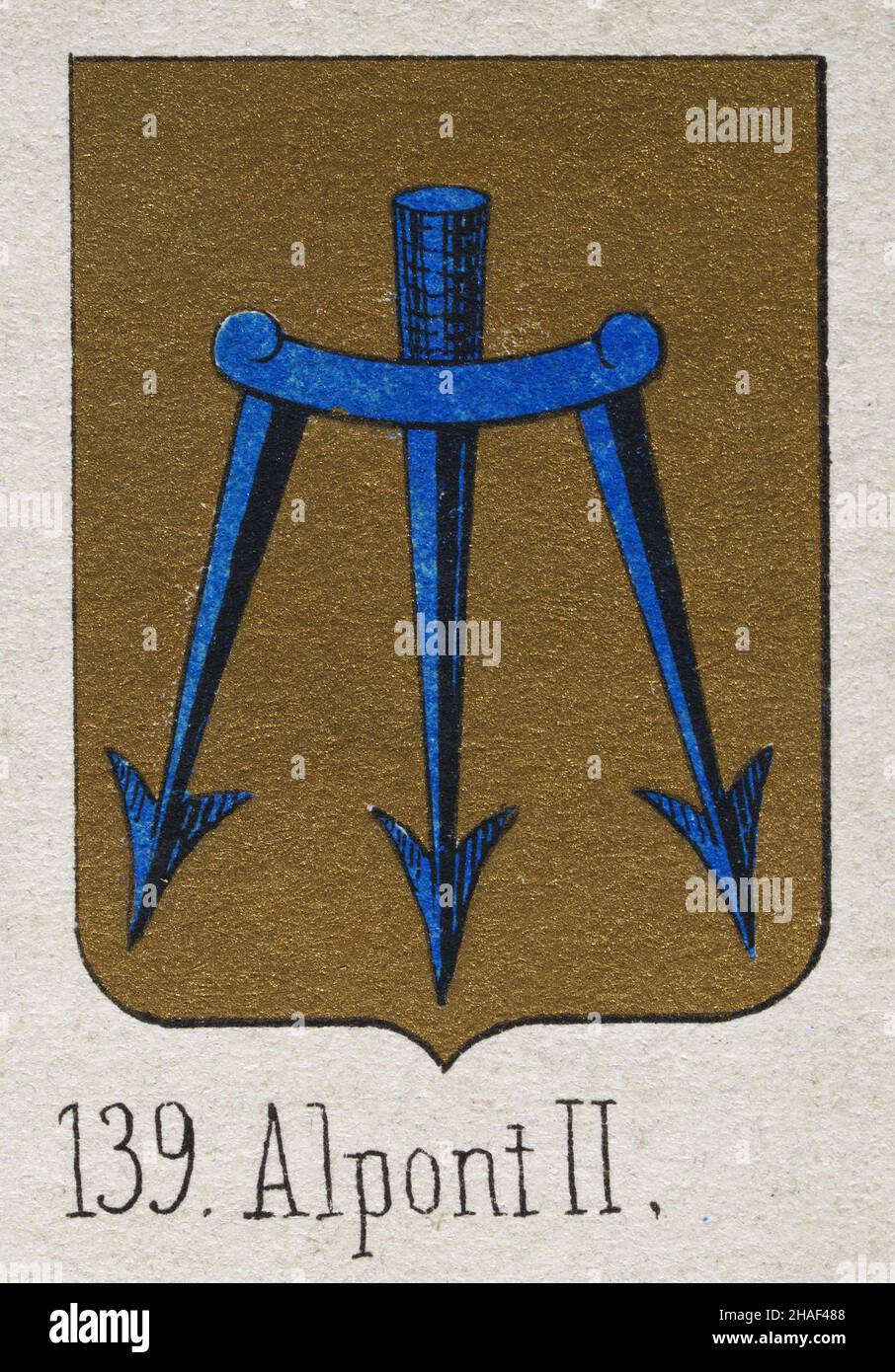 Alpontll heraldry, Illustration of a coat of arms, Blue trident on gold ...