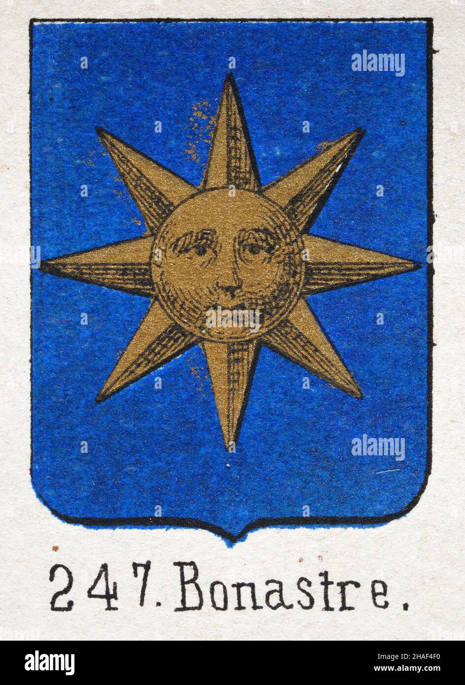 Bonastre heraldry, Illustration of a coat of arms, Gold sun with face ...