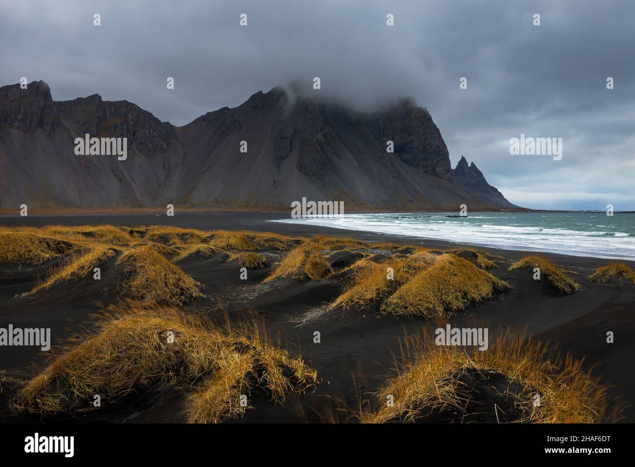 Vestrahorn mountain and black sand beach in stokksnes peninsula Iceland ...